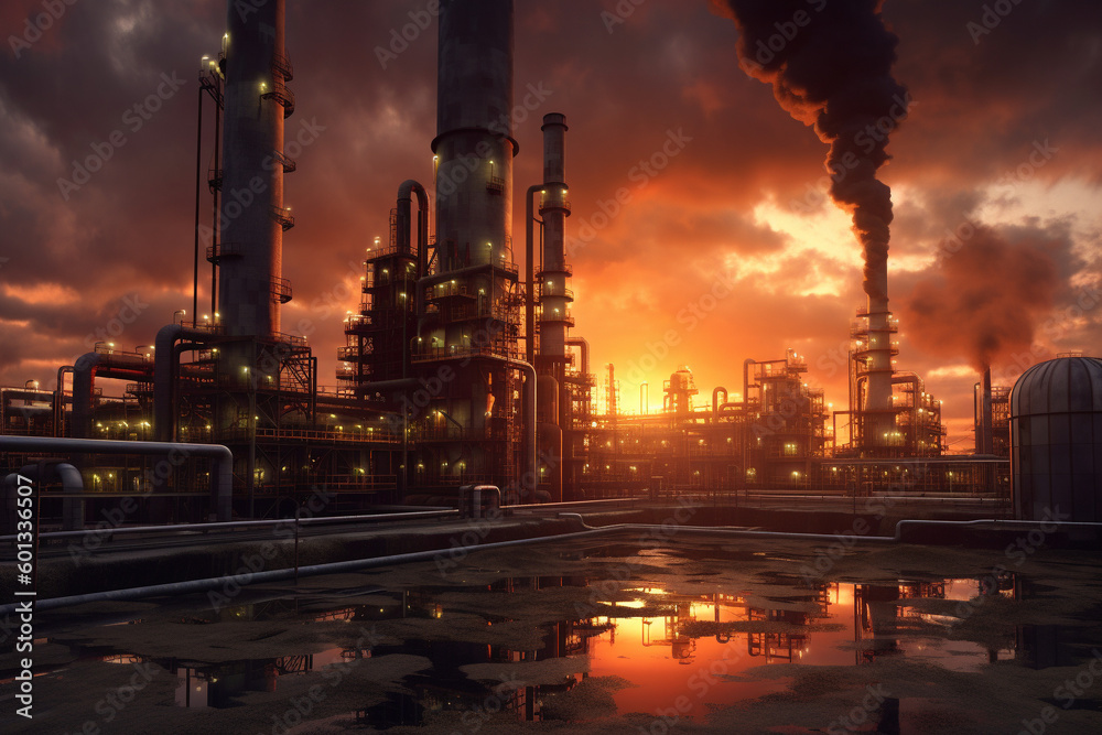 Oil refinery at sunset, depicting the industrial landscape and the ...