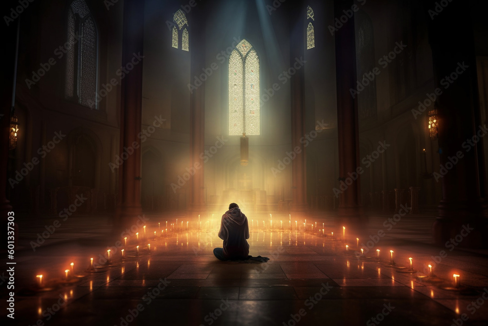 Person on their knees, praying in a gothic church with candles. The ...