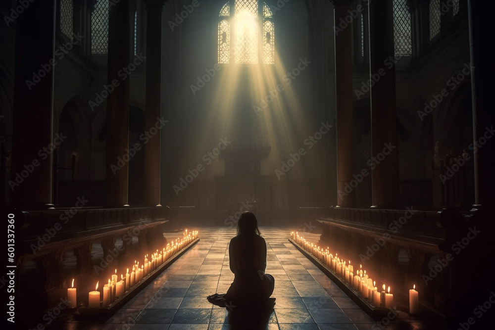 Person on their knees, praying in a gothic church with candles. The ...