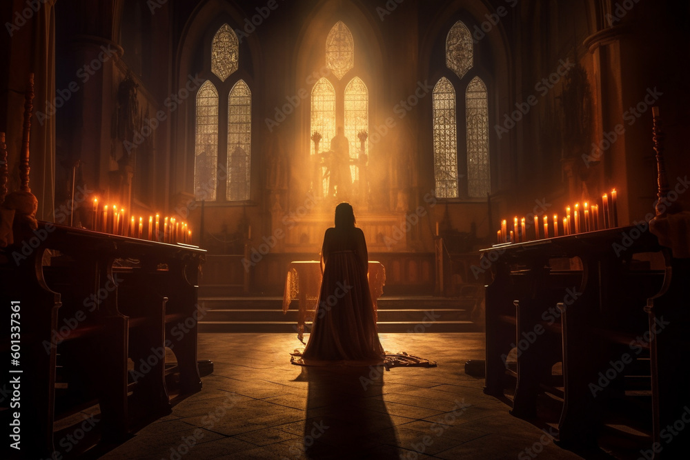 Person on their knees, praying in a gothic church with candles. The ...