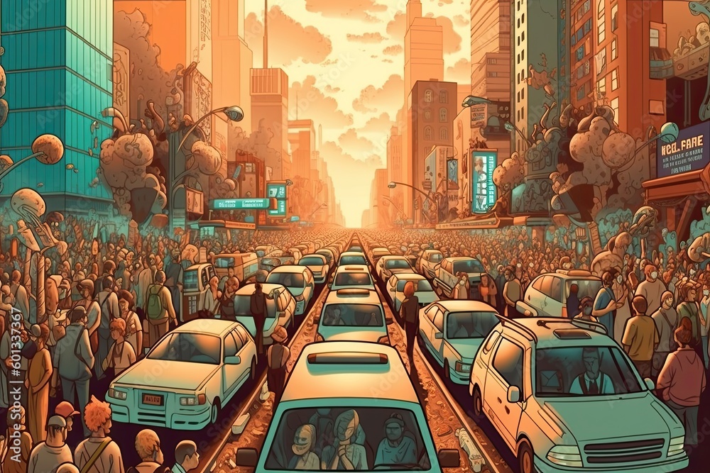 A bustling and crowded city street, with traffic jams and smog-filled ...