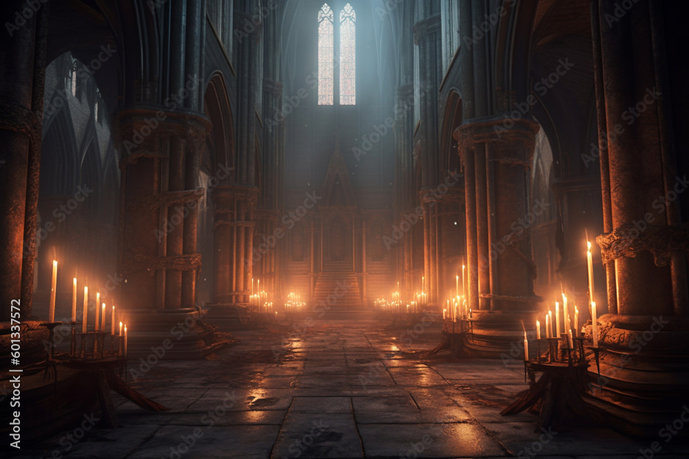 Person on their knees, praying in a gothic church with candles. The ...