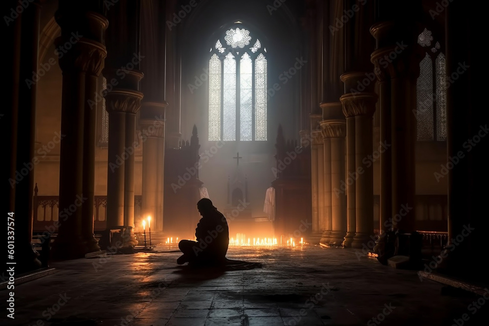 Person on their knees, praying in a gothic church with candles. The ...