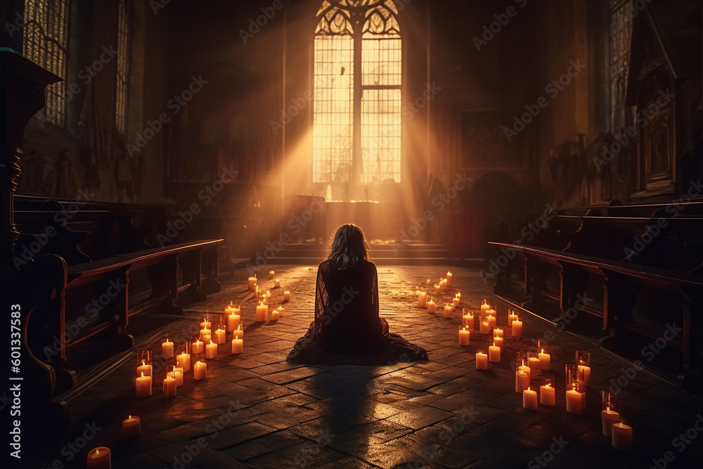 Person on their knees, praying in a gothic church with candles. The ...