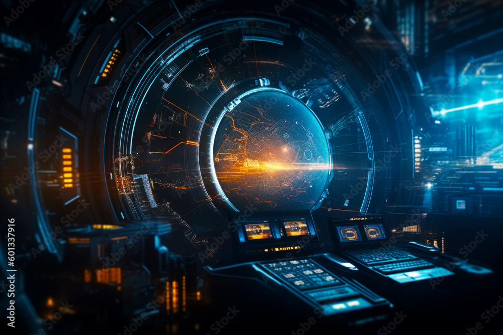 Sci - fi scene with large circular window and lot of lights. Generative ...
