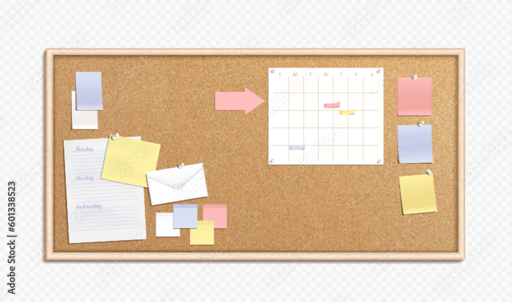 Realistic cork board with memo papers. Vector illustration of bulletin ...