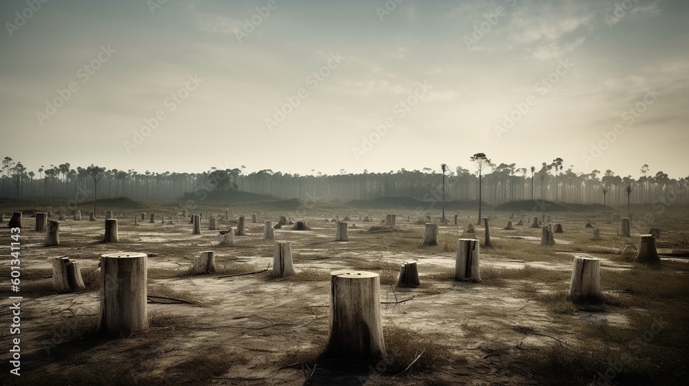 Illustration of negative impact of deforestation. Many stumps and ...