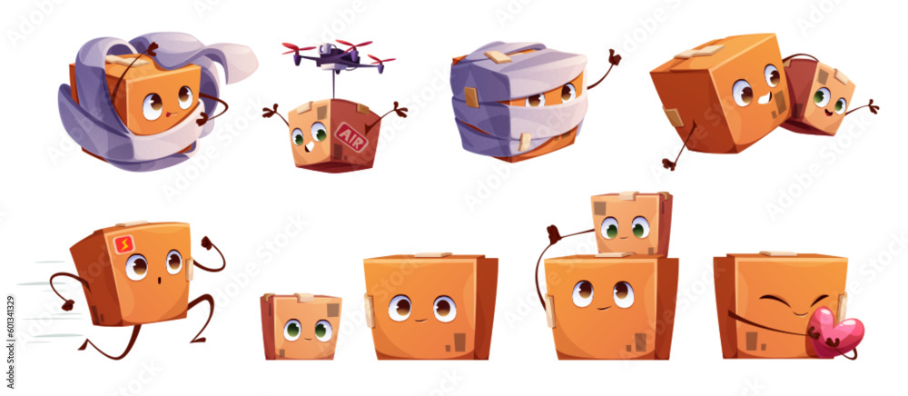 Cute and happy parcel box mascot cartoon illustration. Vector delivery ...