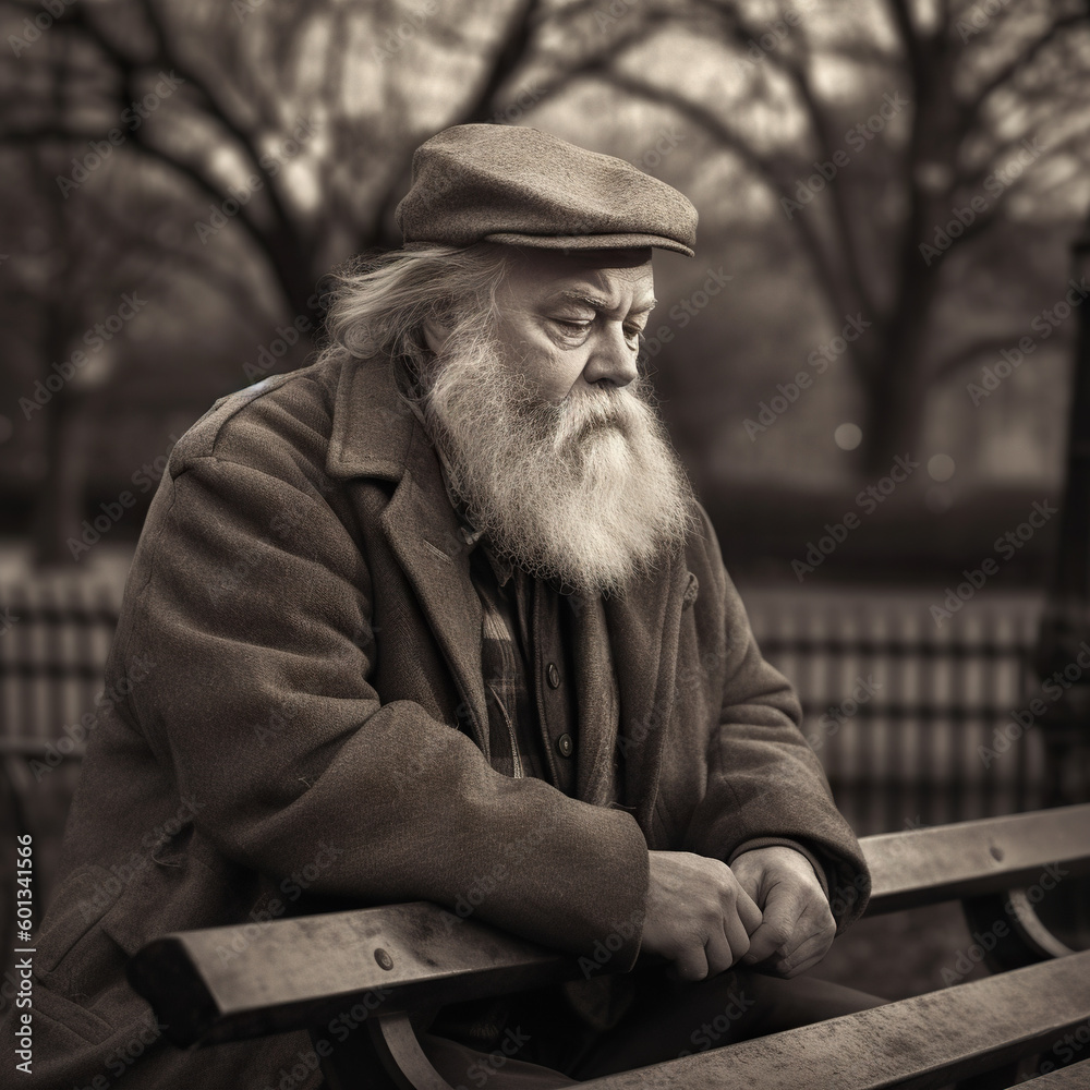 homeless man standing in front of street art wall, dressed in layers of ...
