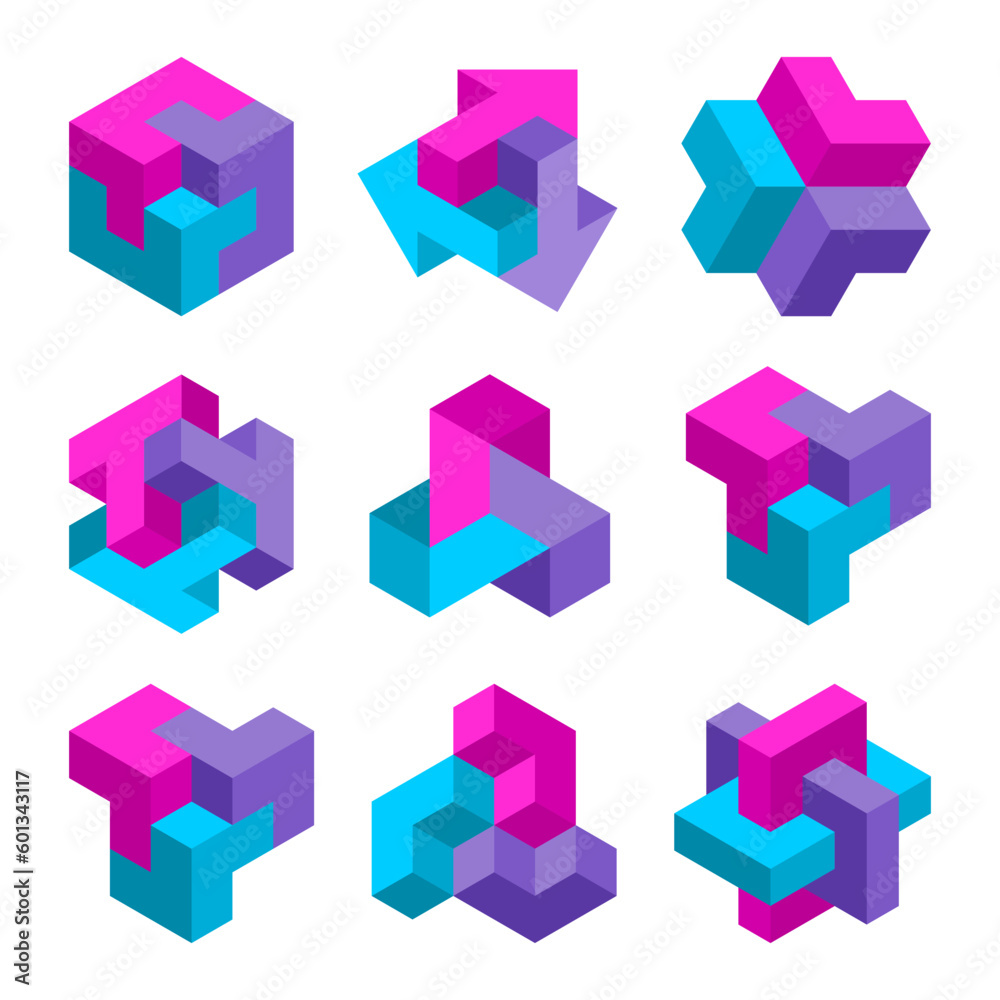 Colorful geometric cube elements. Group of 3D graphic shapes. Isometric ...