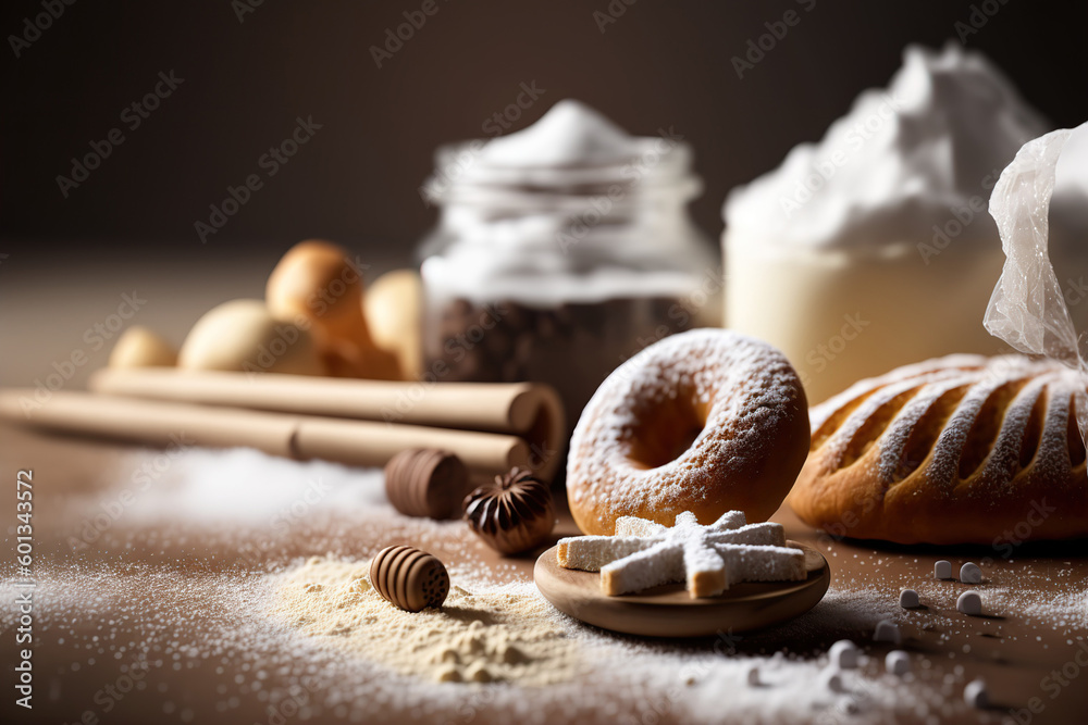 Still life with assorted fresh bakery and pastry confectionery products ...