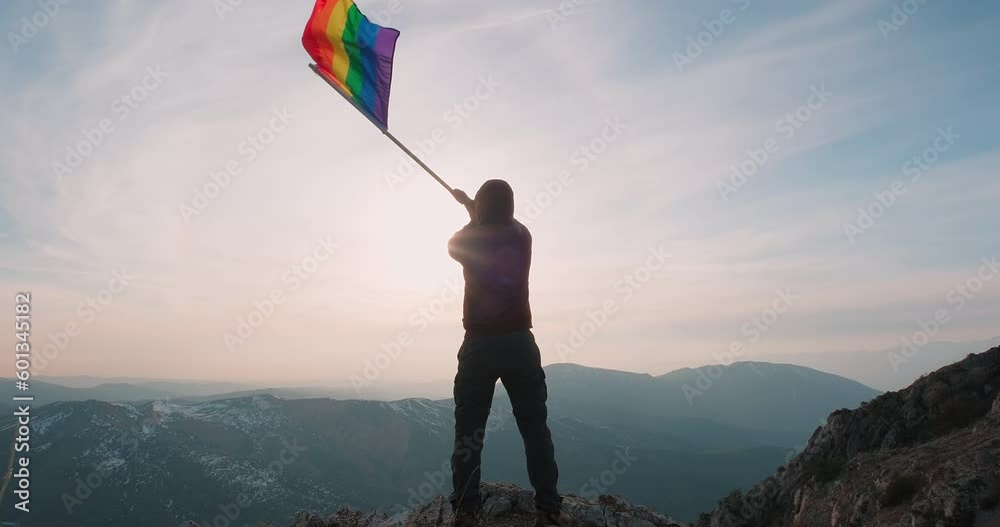 Silhouette Male Man Holding and Waving Rainbow LGBT Flag In Hands On ...