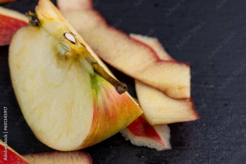 the flaccid peel of a peeled apple on the table Stock Photo | Adobe Stock