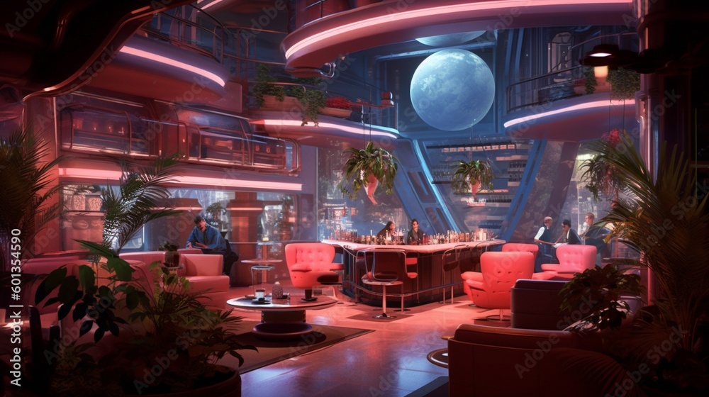 Space Odyssey concept art cocktail bar, plants in glass tubes, hard ...