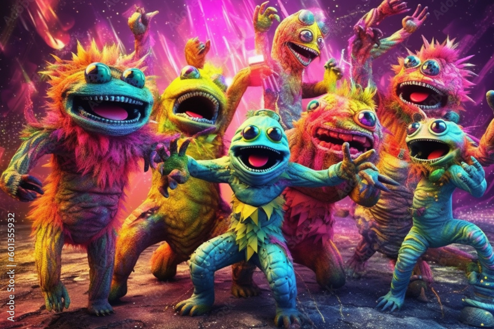 Funny-looking colorful monsters having fun. Junkie aliens partying ...