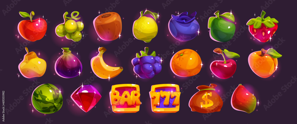 Casino slot machine match game fruit ui icon set. Gambling vector ...