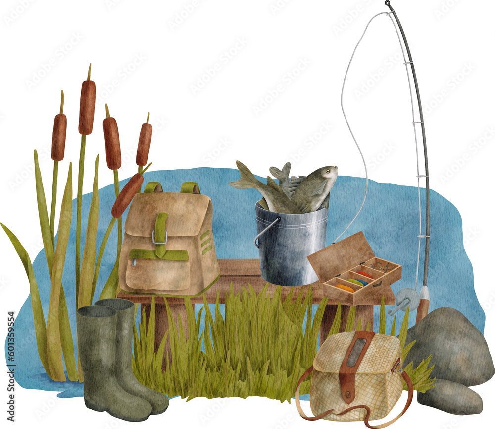 Watercolor fishing tackle illustration. Hand drawn fishing rod, creel ...