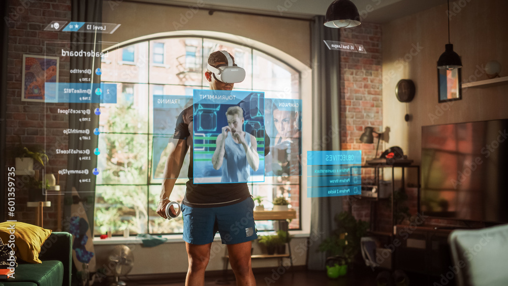 Man Using Virtual Reality Headset in Metaverse for Boxing Video Game ...