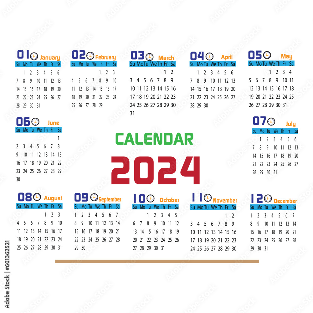 Monthly calendar template for 2024 year. Week Starts on Sunday. Wall ...