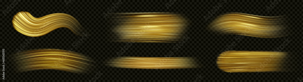 Realistic set of golden paint brush strokes isolated on transparent ...