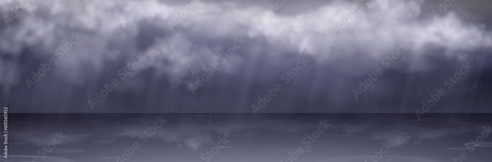 Realistic rain dropping from gray clouds. Vector illustration of ...
