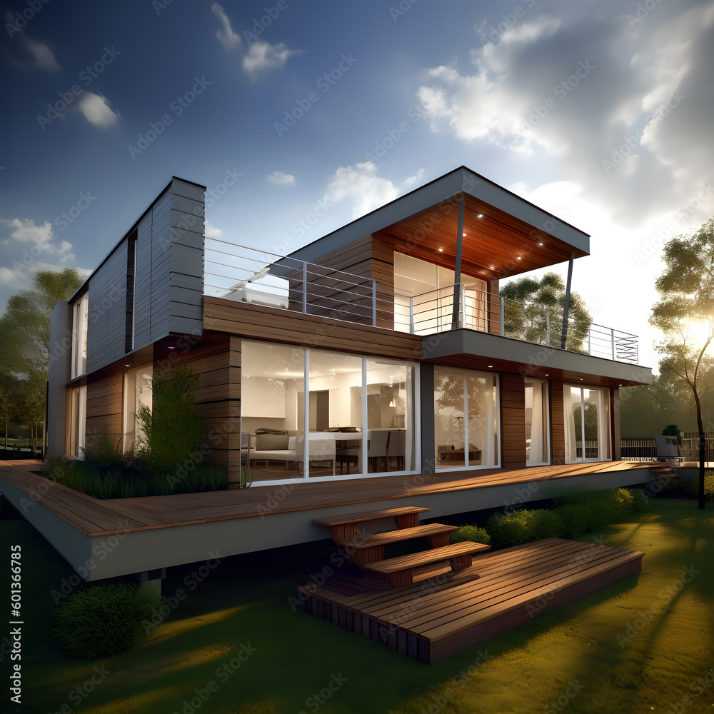 Modular house made with wood with large panoramic windows. Mobile eco ...