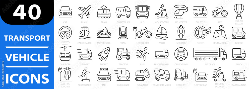 Transport 40 icon set. Vehicle icons. Delivery elements collection. Car ...