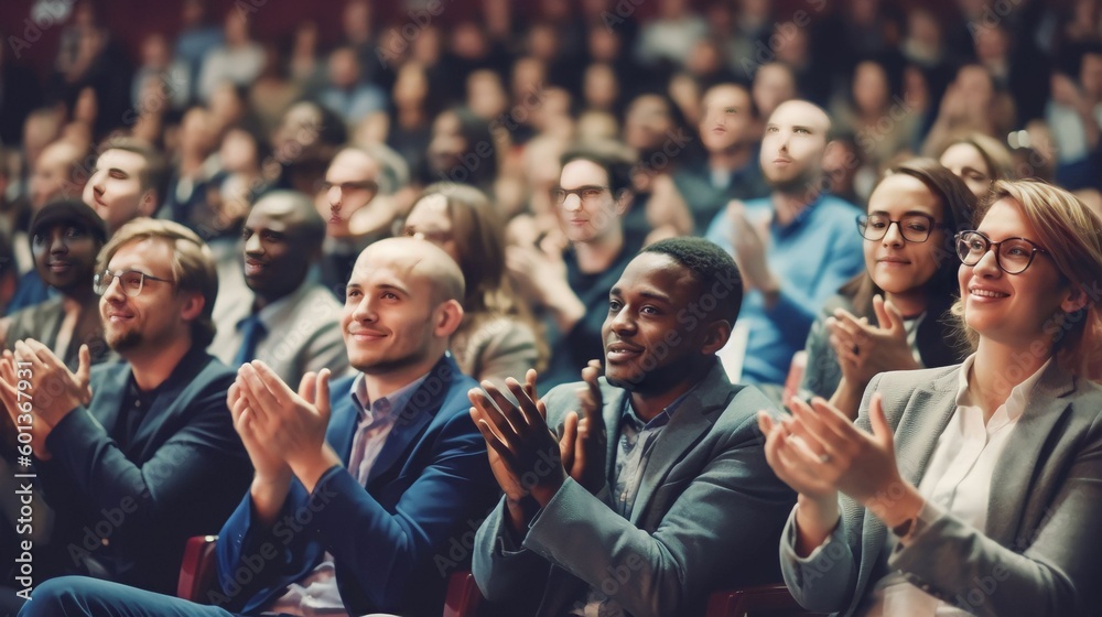 Multi - ethnic audience sitting in an amphitheater and applauding ...