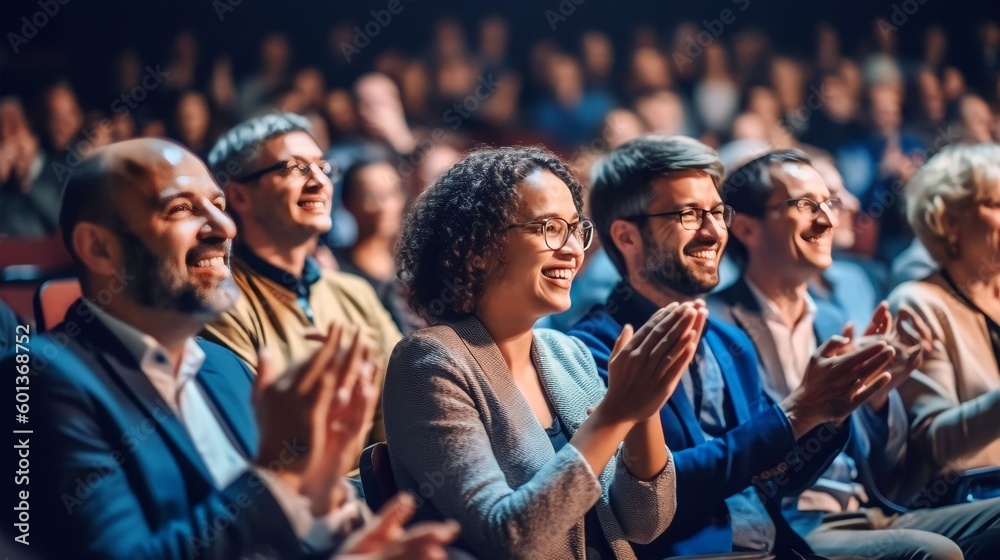 Multi - ethnic audience sitting in an amphitheater and applauding ...
