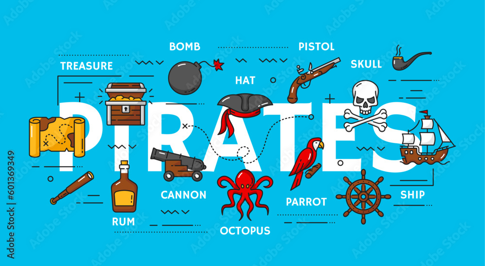 Piracy. Pirate and corsair item icons. Buccaneer or corsairs outline ...