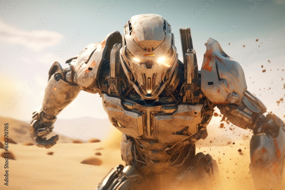 Dynamic Sci-Fi Robot Cyborg in Action Pose in the Sunny Desert ...