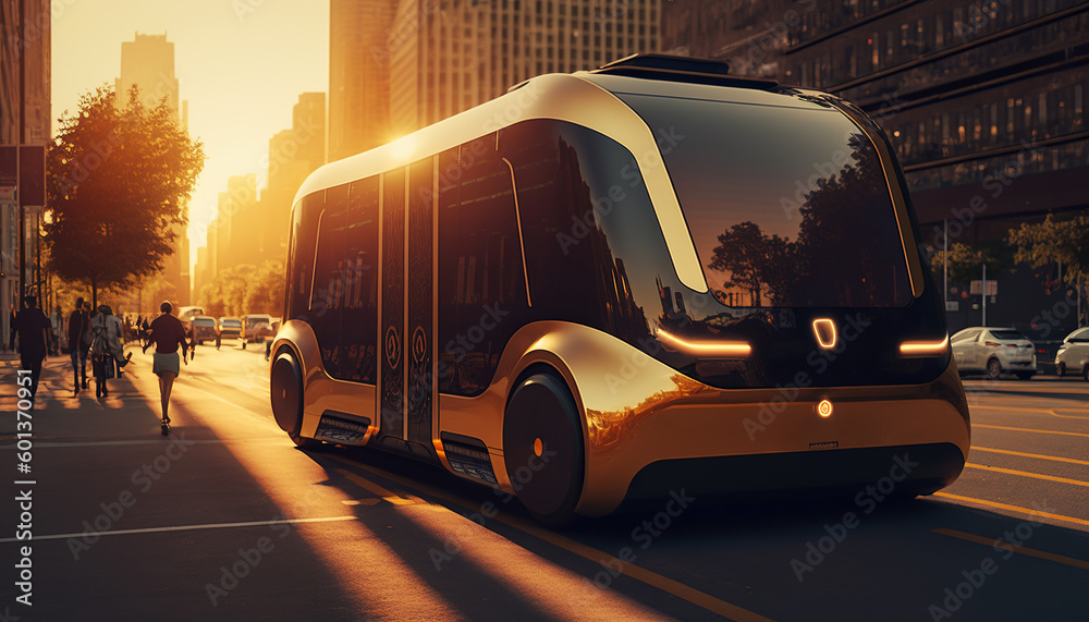 Ai generated illustration of yellow futuristic taxi buses on the road ...