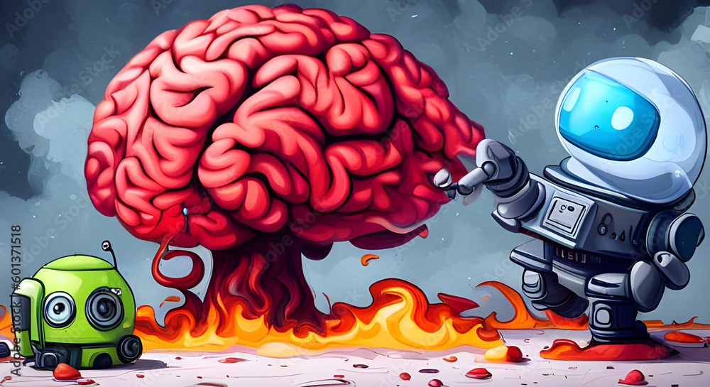 Cartoon human brain fighting robot. AI vs human brain concept Stock ...
