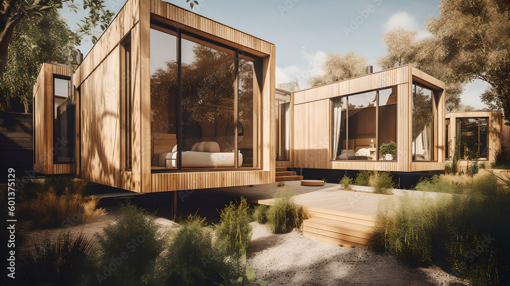 Modular house made with wood with large panoramic windows. Mobile eco ...