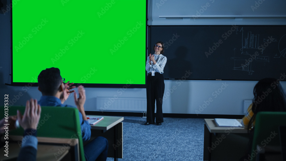 Young University Professor Explaining a Lecture, Pointing on a Green ...