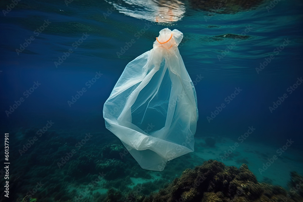 Plastic waste underwater, a plastic bag in the sea. Pollution concept ...