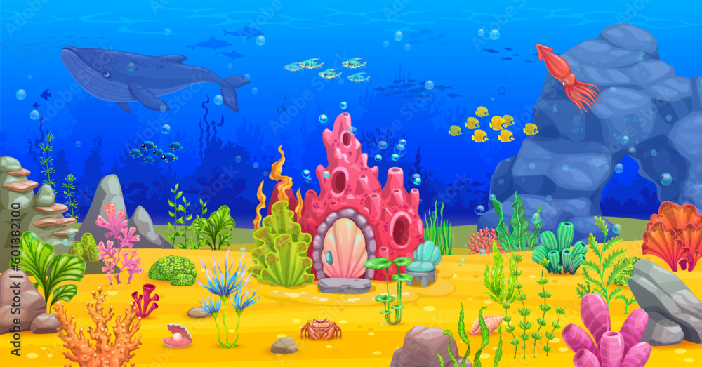 Cartoon coral reef house, game level underwater landscape. Underwater ...