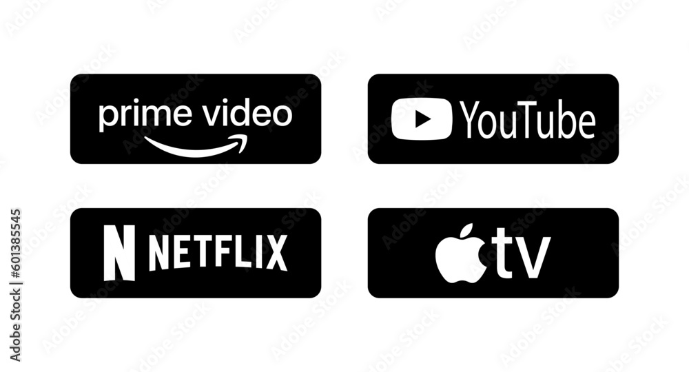 Collection of popular streaming services logo - Amazon prime video; YouTube; Netflix; Apple TV ...