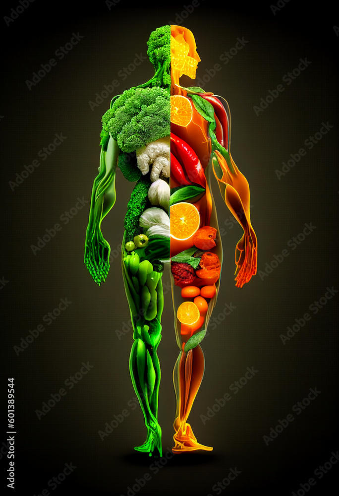 Human skeleton consists of fruits and vegetables, concept: healthy food ...