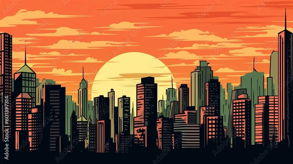 retro classic comics style city skyline generative ai Stock ...