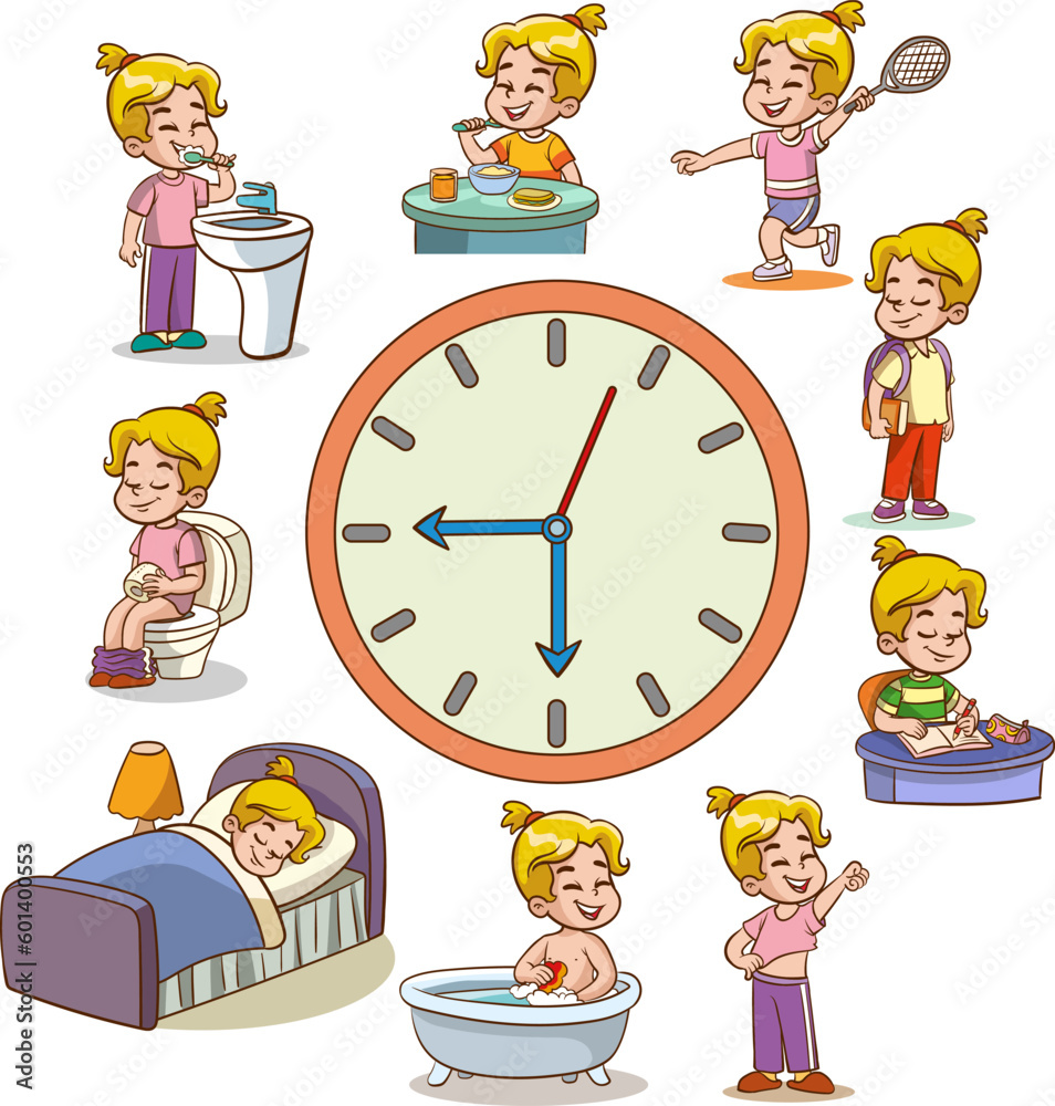 Daily routine with simple clocks.Vector set with kid. Funny cartoon ...