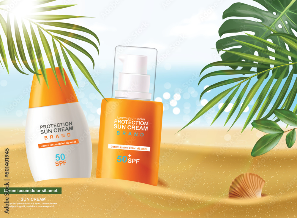 Sun cream bottle 3d realistic isolated, sea background, tropical banner ...