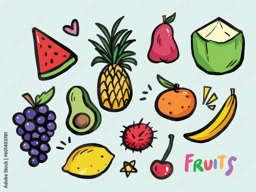 Textured and outlined various fruits vector illustration set collection ...