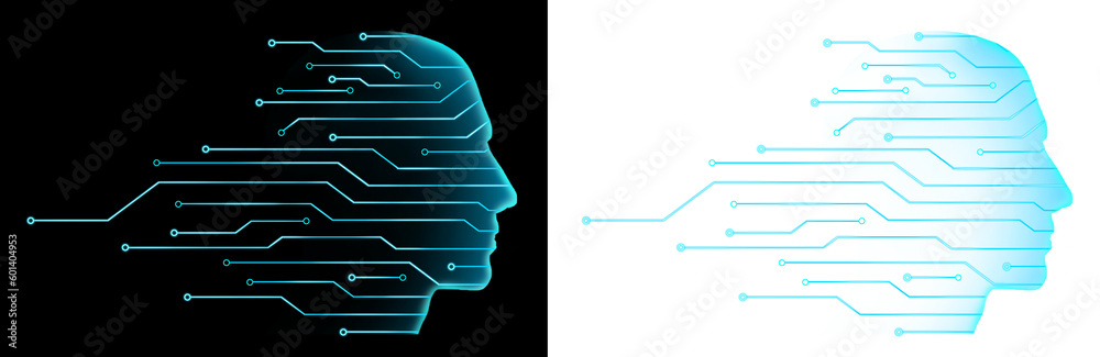 head blue circuit Artificial intelligence (AI) concept. Silhouette of human head with circuit ...