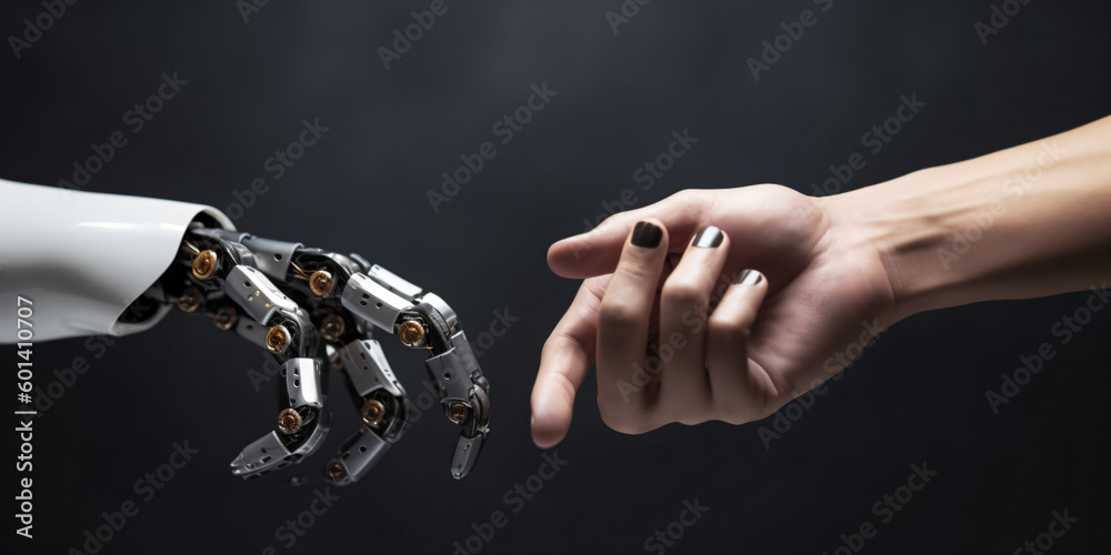 The woman's hand and the cyborg hand are about to touch each other ...