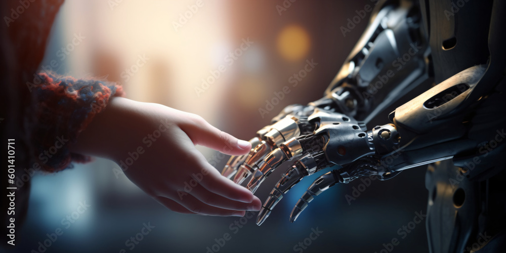 The child's hand and the cyborg's hand are about to touch. Futuristic ...