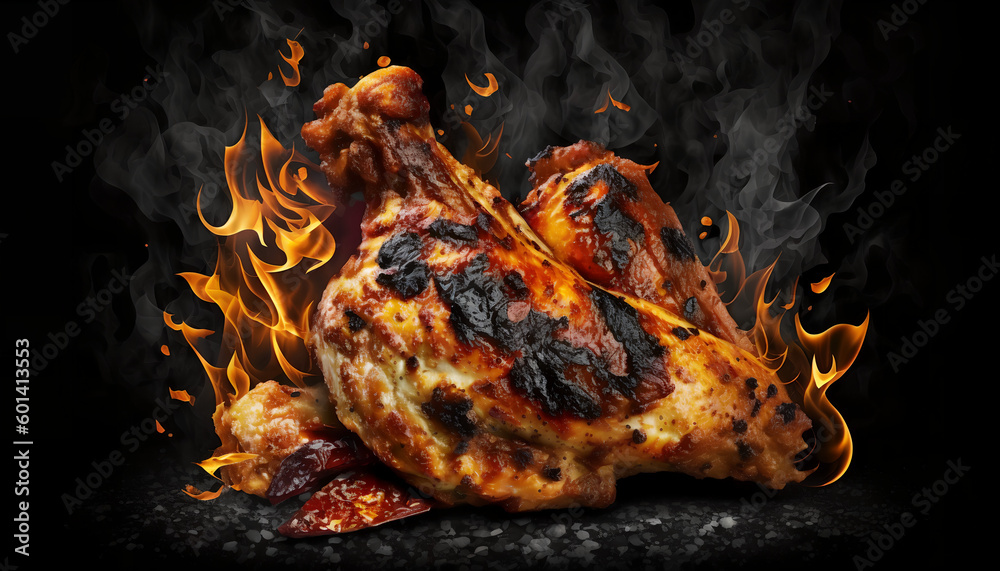 Grilled chicken with smoke and fire on a black background, Generative ...