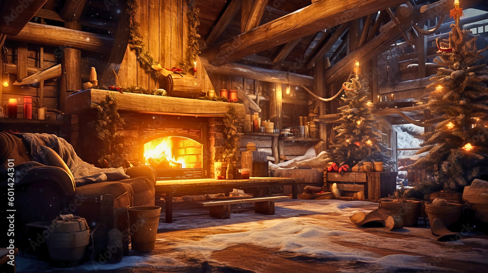 A rustic winter scene, with a cozy fireplace, surrounded by rough wood ...