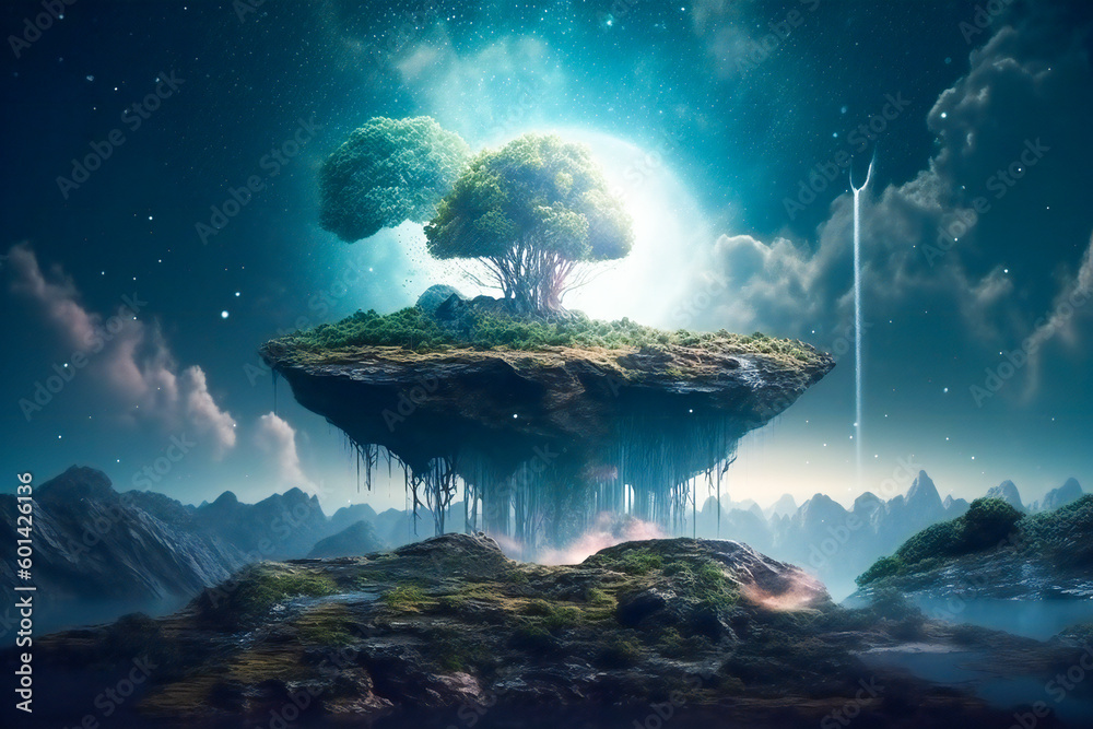 Surreal dream giant tree growing on a giant floating rock on a strange ...