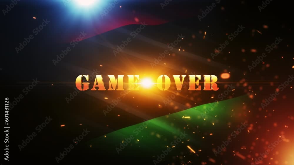 Game Over gold text motion with fire burst and golden particles ...